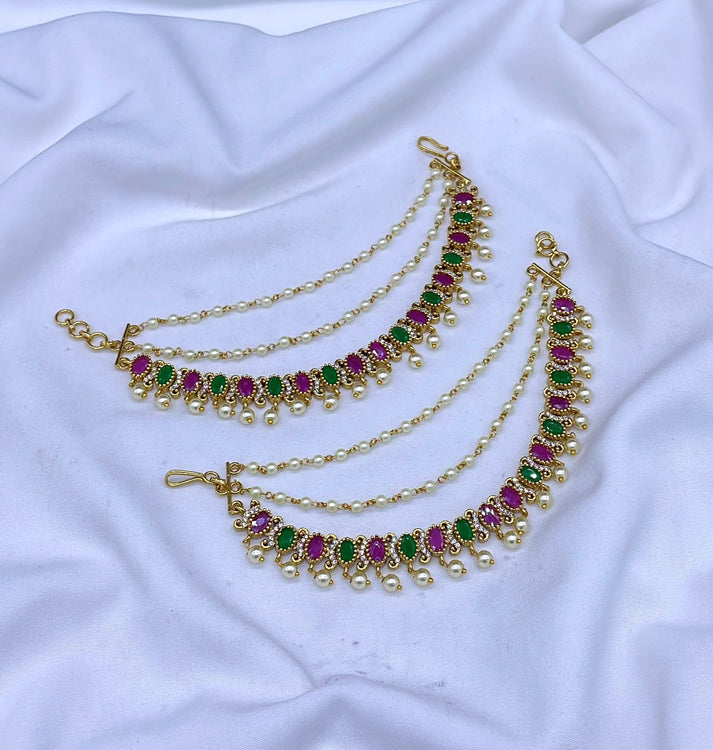 Premium Matt with AD and Kempu Stones Ear Chains – Nakshatra Jewels